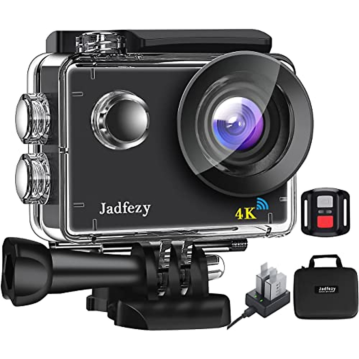 Jadfezy Action Camera 4K with WiFi, Remote Control, Sports Camera with Charger and 2×1350 mAh Batteries, 30M/98FT Waterproof Camera Mounting Accessories for Helmet and Bicycle etc. (4K 30FPS)