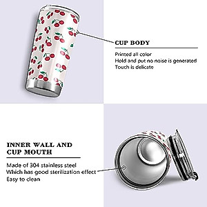 Jihqo Cute Cherry Fruit Tumbler with Lid and Straw, Insulated Stainless Steel Tumbler Cup, Double Walled Travel Coffee Mug Thermal Vacuum Cups for Hot & Cold Drinks 12oz