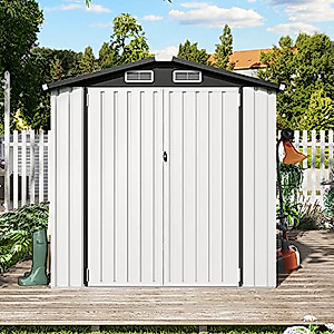 LAUSAINT HOME 6x4FT Outdoor Storage Shed, Large Waterproof Storage Tool Bike Sheds & Bulidings with Lockable Door for Backyard, Garden, Patio Lawn, Galvanized Steel, White