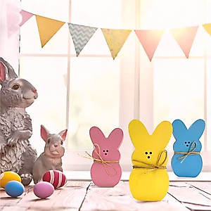 XUNWKONGG 3Pcs Wooden Easter Bunny Decor, Rabbit Wooden Sign for Easter Table Decorations, Wooden Table Centerpieces with Jute Rope for Home Spring Party Supplies Farmhouse Decor