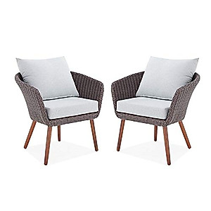 Athens All-Weather Brown Wicker Outdoor Chairs with Light Gray Cushions, Set of 2