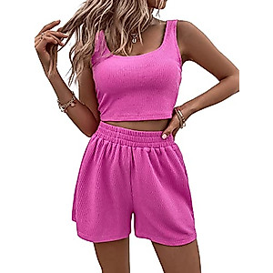 Verdusa Women's 2 Piece Ribbed Crop Tank Top and Shorts Tracksuit Set Hot Pink L