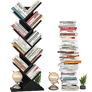 Topfurny Tree Bookshelf, 9-Tier Shelf Rustic Brown Bookcase, Retro Wood Storage Rack for CDs/Movies/Books, Anti-Fall Utility Organizer Shelves for Living Room, Bedroom, Home Office, Black