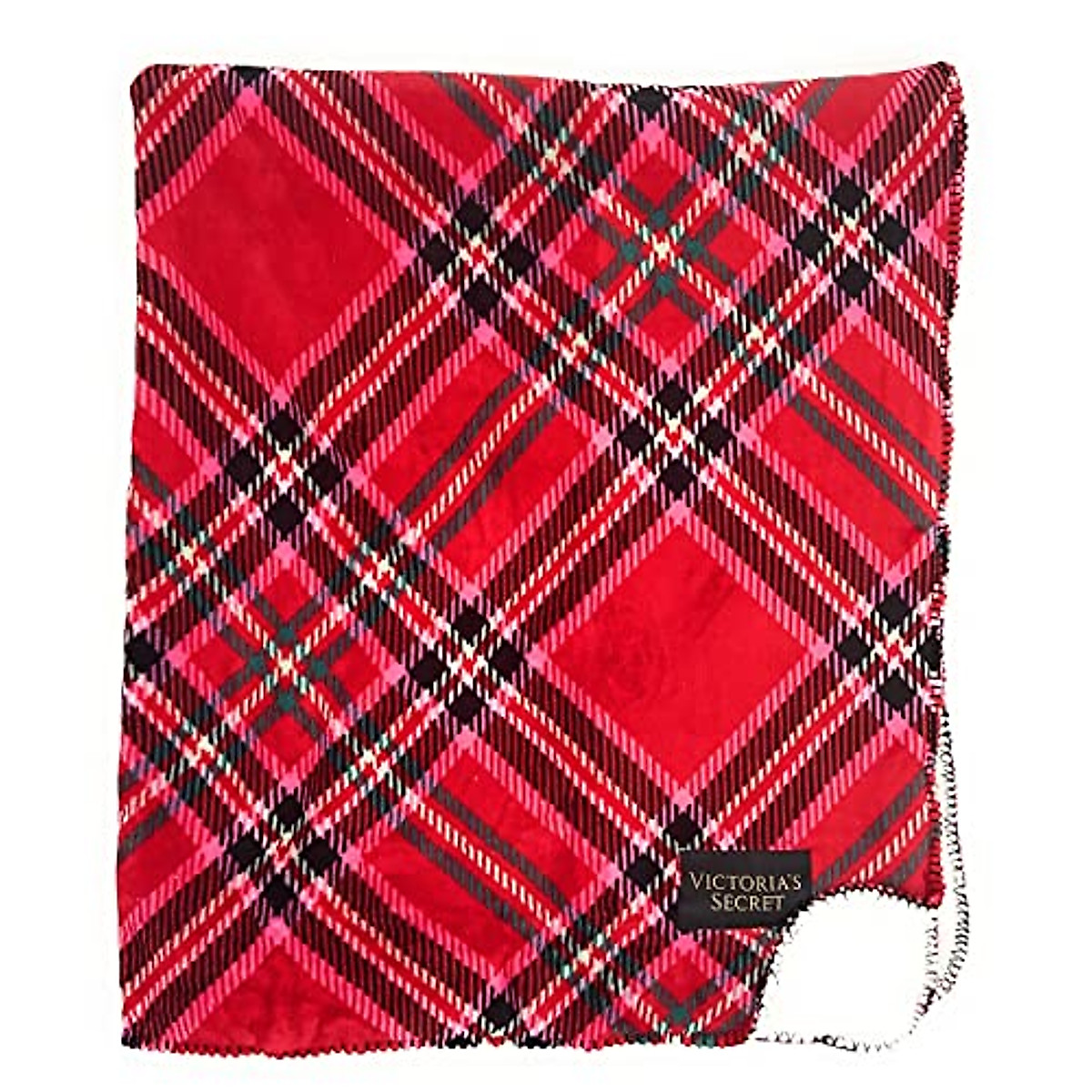 Victoria's Secret Soft Sherpa Throw Blanket, Red Pink Plaid 50'' x 60''