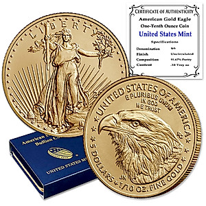 MINT STATE GOLD 2023 1/10 oz American Eagle Gold Bullion Coin Brilliant Uncirculated with Original United States Mint Box and a Certificate of Authenticity $5 Seller BU