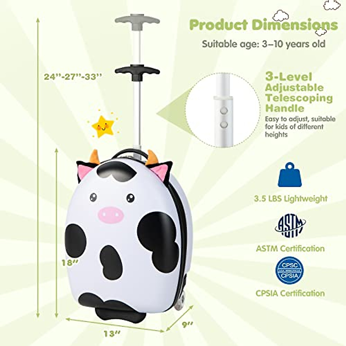 Goplus Kids Luggage, 16’’ Carry on Suitcase with LED Wheels, Waterproof Hard Shell, Lightweight Rolling Luggage for Travel, Birthday Christmas Gifts for Toddlers, Children, Boys, Girls (Black,White)