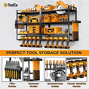 ROOFCO Power Tool Organizer, 8 Drill Holder Wall Mount and 4 Layers Storage Rack for Garage Organization, Shed, Workshop, Pegboard with Plier/Hammer Holder-Heavy Duty Carbon Steel-200 LBS Capacity