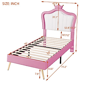 Twin Size Upholstered Princess Bed Frame with LED Lights and Crown Headboard,for Kids Boys Girls Teens Bedroom Use (White+Pink@LED//, Twin)