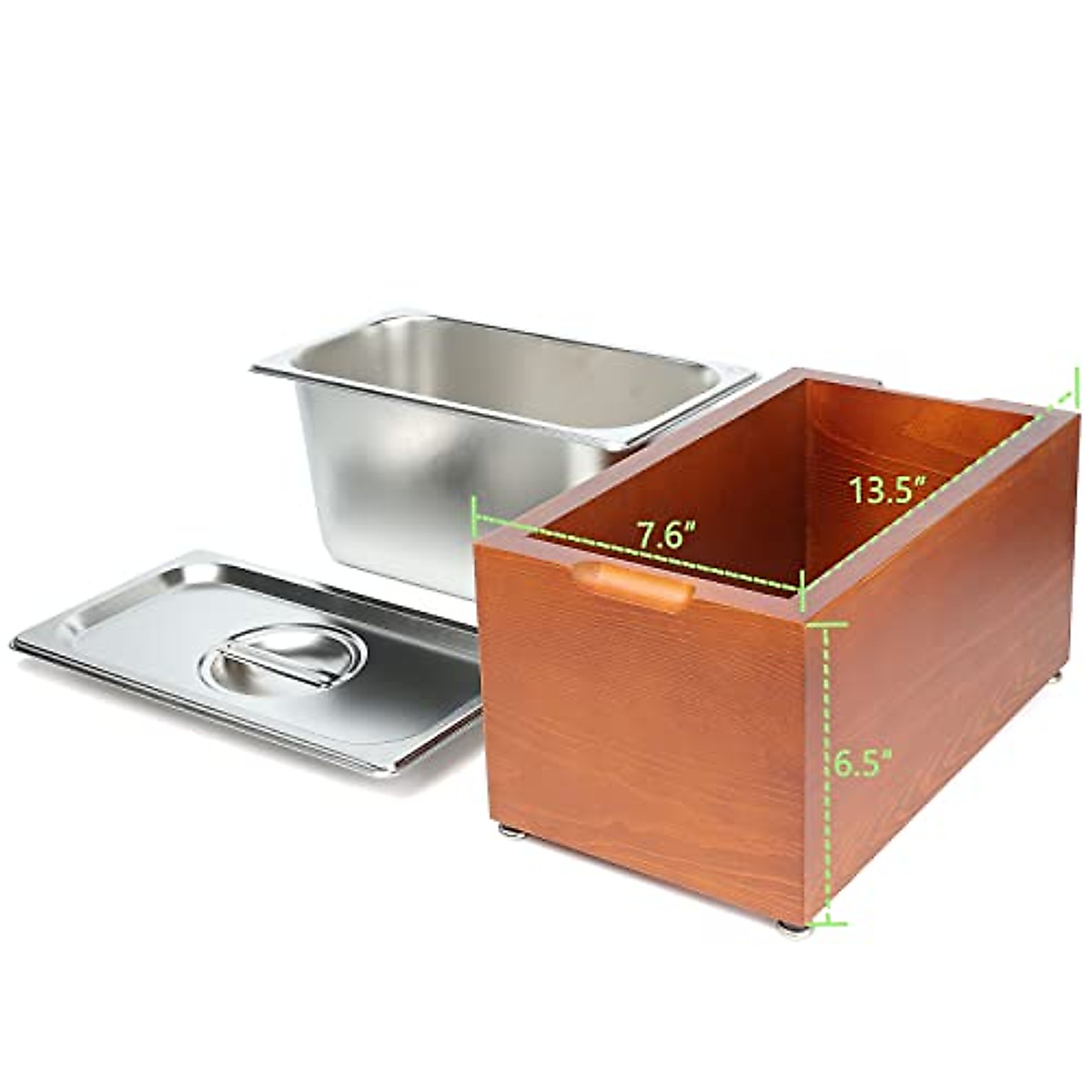 Kitchen Countertop Pine Wood Compost Bin, Stainless Steel Smell Proof Anti-Rust Insert with Lid and Pine Wood Box - 1.6 Gal (Brown)