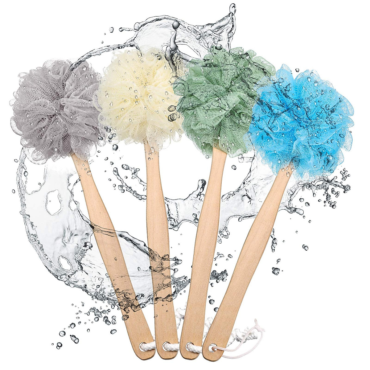 4 Pieces Loofah Back Scrubber Bath Sponge with Wooden Handle Long Handle Sponge Mesh on a Stick for Shower Exfoliating Bath Body Brush Luffa Back Brush for Women Men (White, Grey, Blue, Green)
