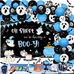 JOYMEMO Halloween Baby Shower Decorations Blue - Oh Sheet We're Having a Boo-y Backdrop, Halloween Balloon Garland Arch Kit with 3D Bat Stickers for Pregnancy Celebration Gender Reveal Party Supplies