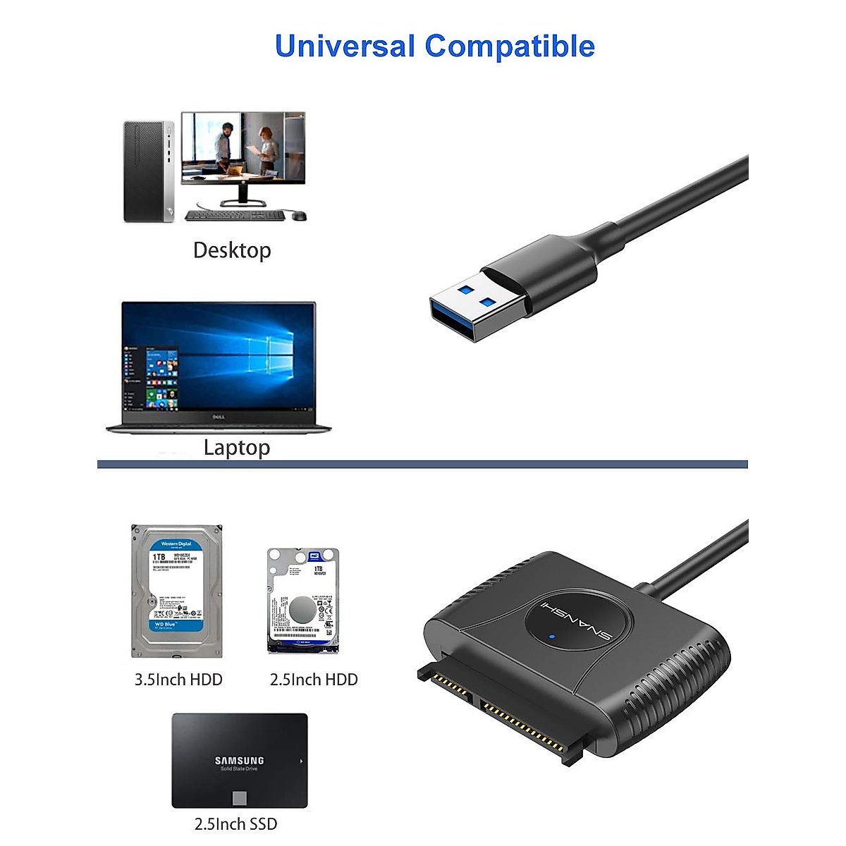 SNANSHI SATA to USB 3.0 Adapter USB to SATA Adapter with Power for 3.5/2.5 Inch HDD/SSD with 12V/2A Power Adapter