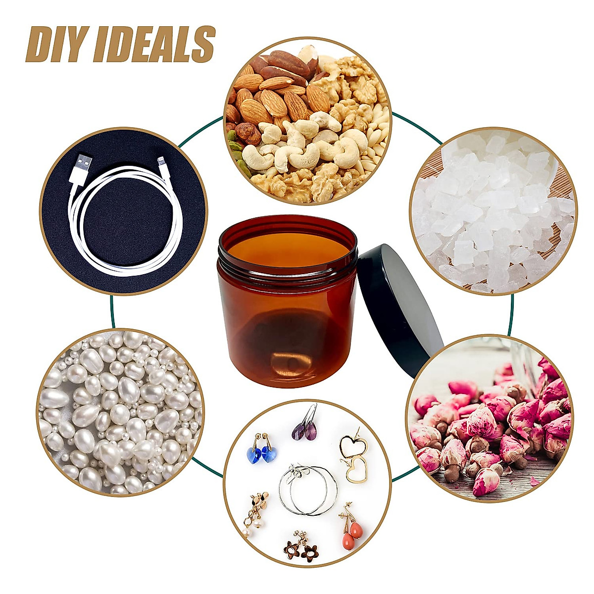 12 oz Amber Plastic Cosmetic Jars Leak Proof Container with Black Lid for Cream, Lotion, Powder, ointment, Beauty Products etc, 6 Pcs.