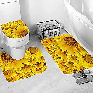 JIANGLANY Sunflower Shower Curtain with Rugs, Toilet Lid Cover Bath Mat, Rural Sunflower Bathroom Decor Set with Waterproof Curtain and Toilet Mats Set, 71x71 Inches (4)