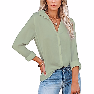 Diosun Womens Button Down V Neck Shirts Long/Short Sleeve Office Casual Business Plain Blouses Tops (Medium, Bean Green)