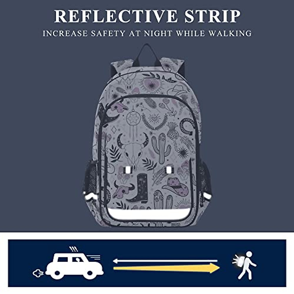 Glaphy Western Cowboy Boho Cactus Skull Dream Catcher School Backpack Lightweight Laptop Backpack Student Travel Daypack with Reflective Stripes