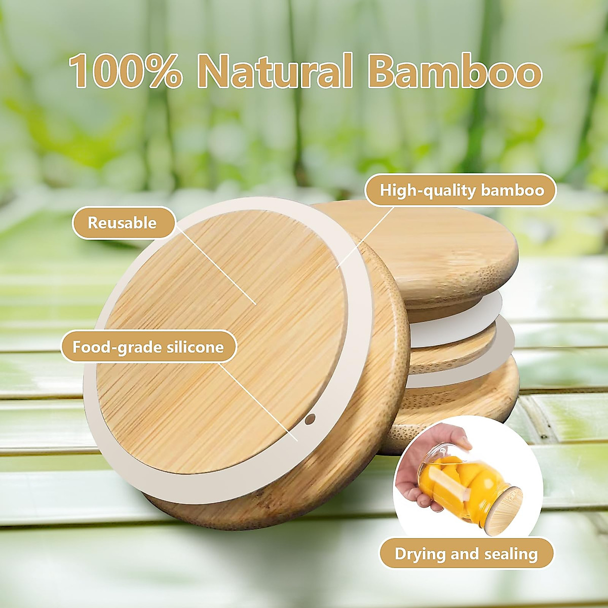Mason Jar Bamboo Lids, 70mm/2.8 inch Natural Wooden Mason Jar Lids, Food Grade Material Silicone Sealing, 100% Fit and Airtight for Regular Mouth Mason Jars (6PCS Regular Lids)