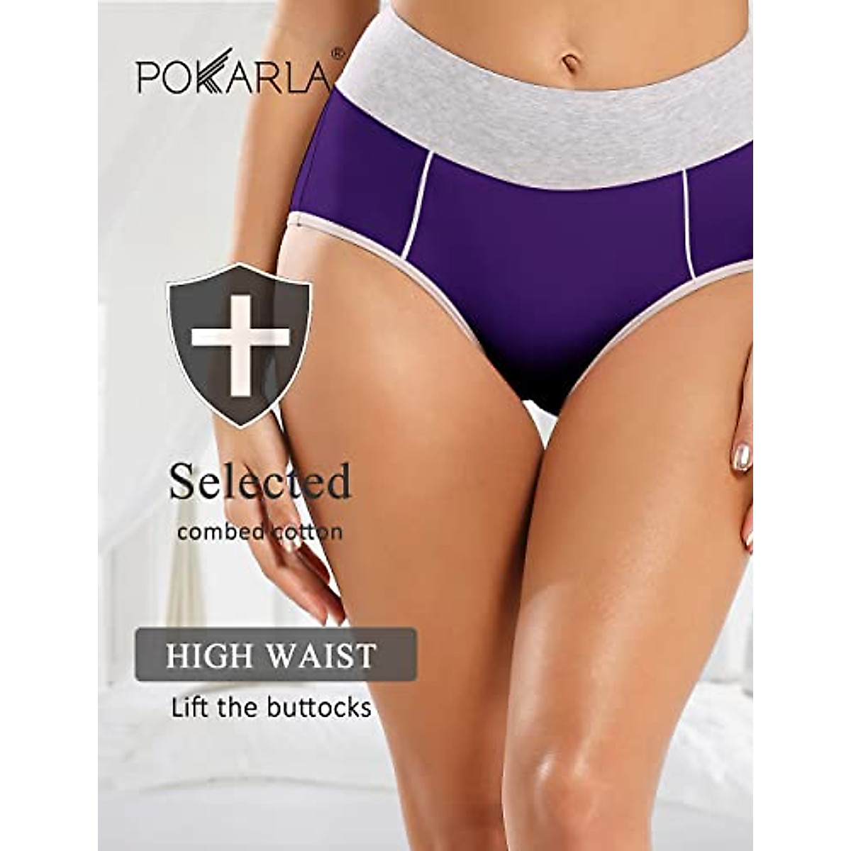 POKARLA Womens Cotton Underwear High Waist Full Coverage Briefs Soft Breathable Postpartum Panties Stretch Underpants Regular & Plus Size