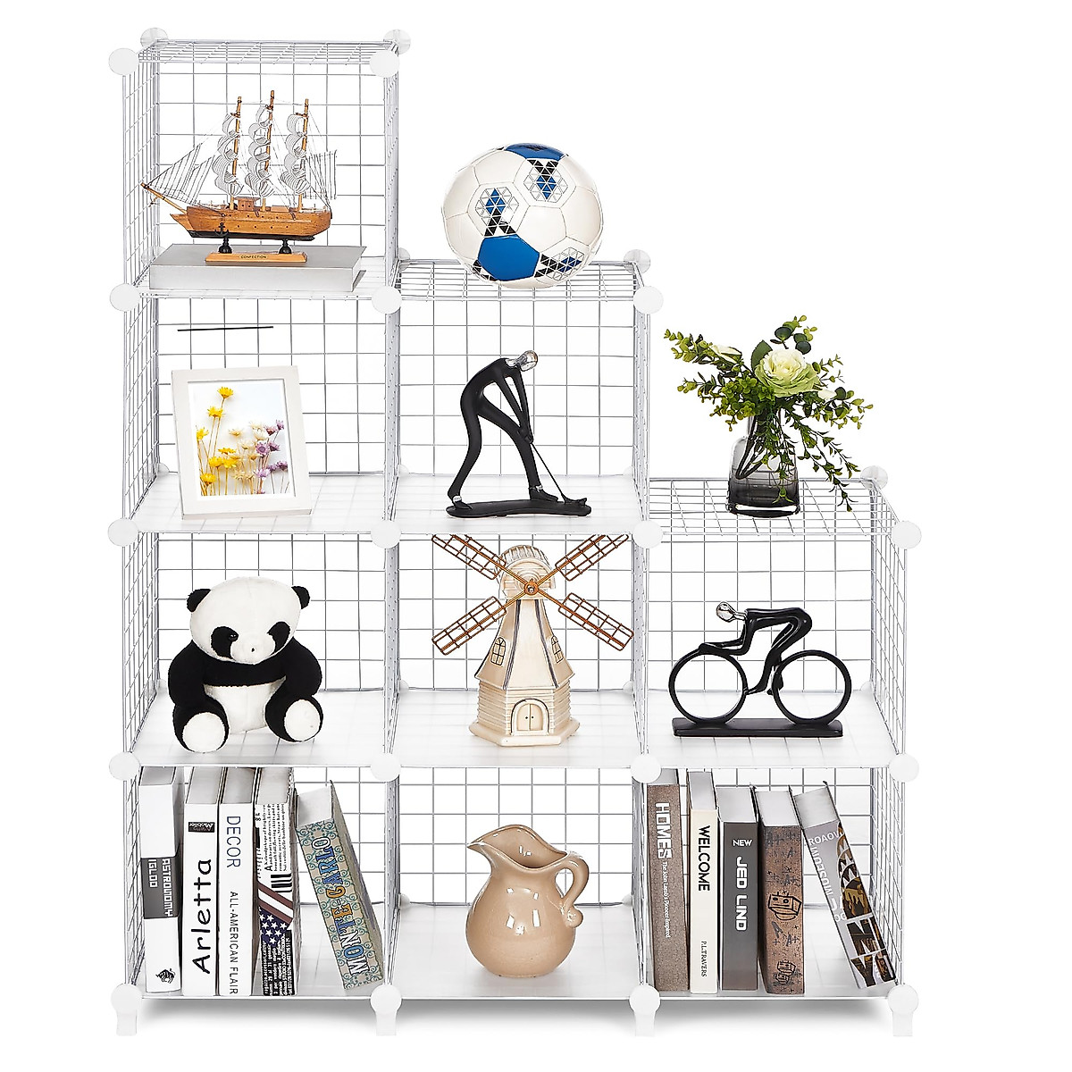 ANWBROAD Wire Cube Storage Organizer 9 Cube Metal Grids Shelves Storage Bins Shelving Stackable Modular Bookshelf Shelf Cubbies Unit Closet Cabinet for Living Room Office White LWT009T