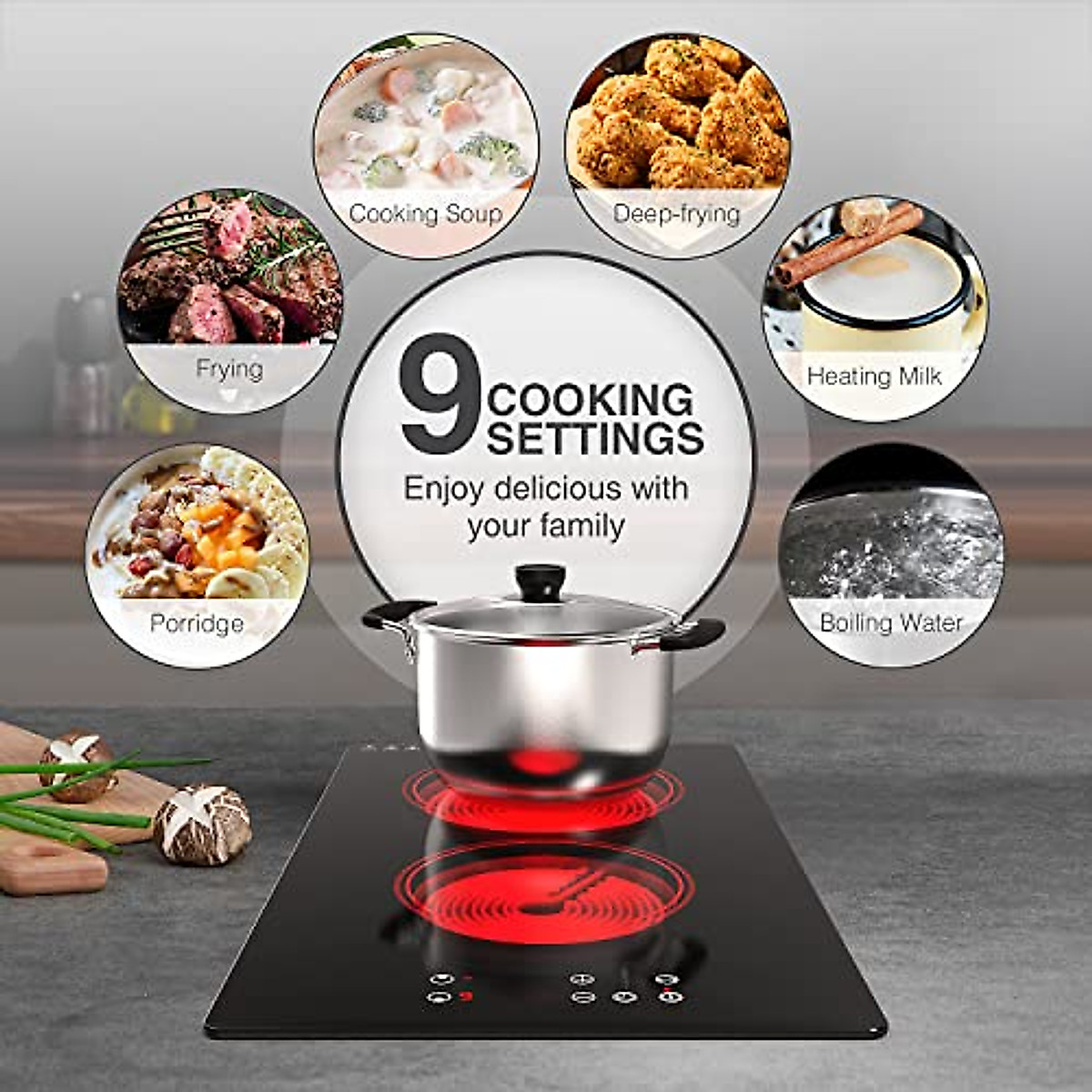 GIHETKUT Electric Cooktop,Built-in and Countertop Electric Stove Top, 2100W 110V induction Cooktop, 9 Heating Level, Timer & Kid Safety Lock, Sensor Touch Control