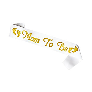 Mom to be Sash, White Satin with Gold Gitter Font with Baby Foot, Best Baby Shower Mommy Decorations Mother Gifts, Gender Reveal Party Baby Boy Or Girl Neutral Gender Reveal