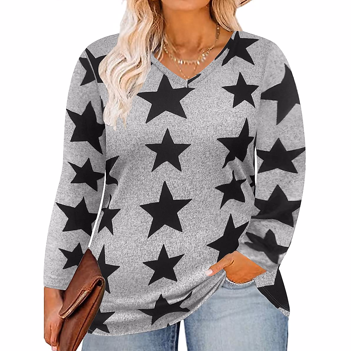 CARCOS Womens Plus Size Tops Grey Pullover Sweatshirts Long Sleeve Shirts V Neck Star Print Tunics Casual Blouses 5XL 26W 28W