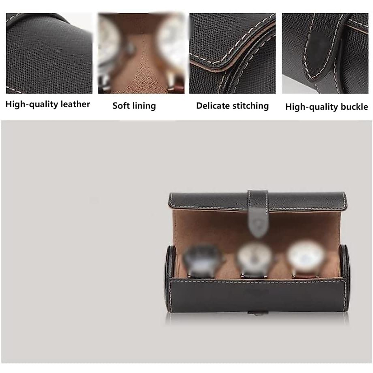 Watch Holder Watch Roll Travel Suitcase Retro Round Watch Organiser Box Leather 3 Slots Watch Box Display Storage Case Watch Organizer (Color : Red) (Black2)