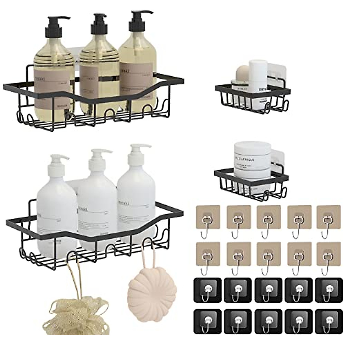 JIANGBAI 24-Pack,Shower Caddy Shelf Organizer Rack with Soap Dish Holder, Adhesive Shower Organizer No Drilling,Rack Wall Mounted Shower Shelves, Self Adhesive Hook (black)