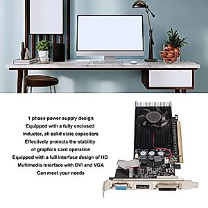 GT 610 Graphics Card, 2GB DDR3, Support DirectX 11 64 Bit, Single Fan GPU PC Gaming Video Card, PCI Express 2.0, VGA, DVI, HDMI