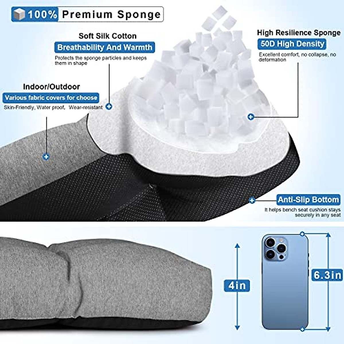 Millsilo Custom Indoor Bench Cushions, Non-Slip Tufted Outdoor Swing Seat Cushions, Personalized Size Bayed Window Seat Cushions, Piano Bench Cushions, Long Bench Seat Pad for Patio Garden Kitchen