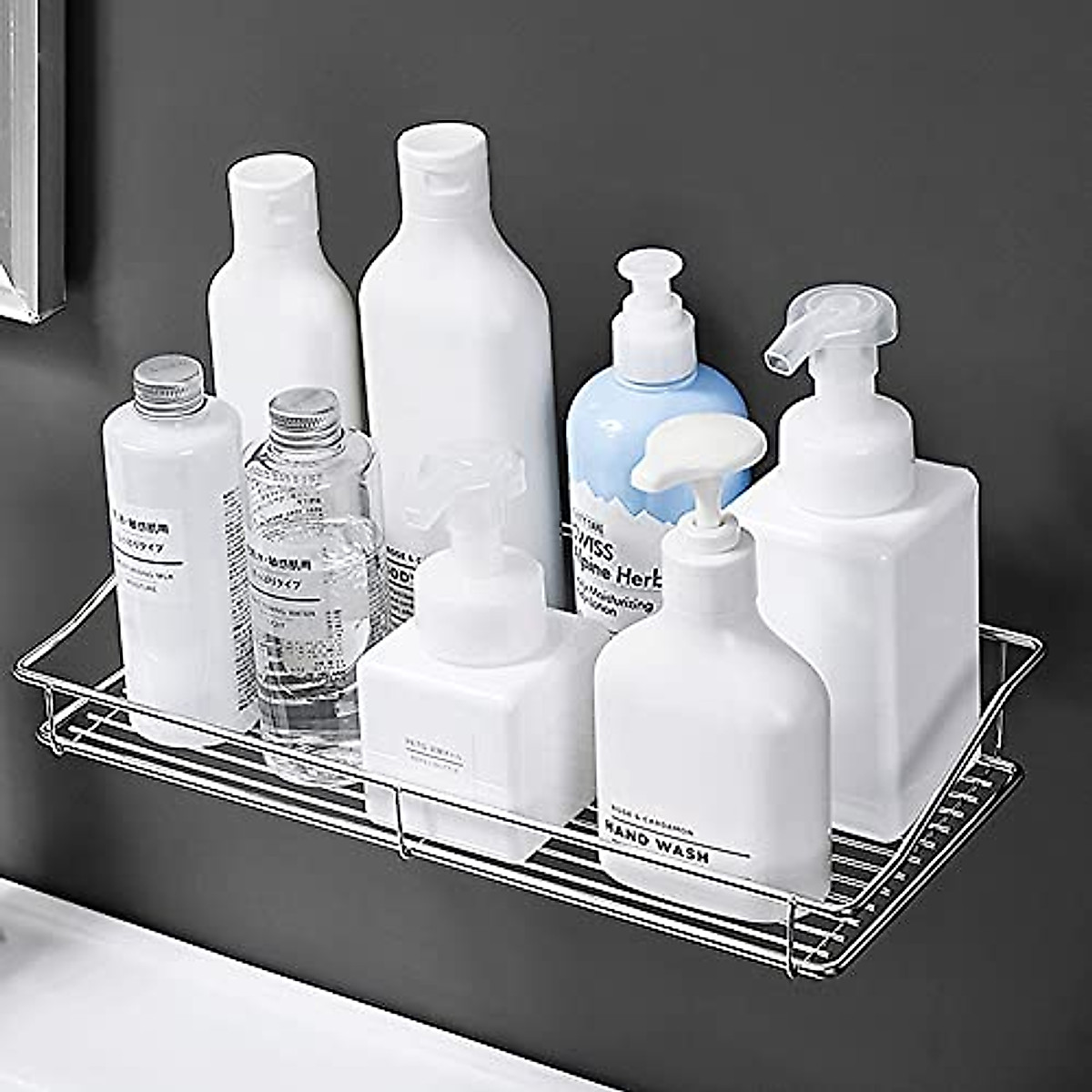 Queta Strong Suction Cup Shower Caddy Bath Shelf Storage with 3 Hooks, Wall Mounted Bathroom Organizer Stainless Steel shower Rack for Shampoo Conditioner Razor, Rectangle Basket for Kitchen Storage