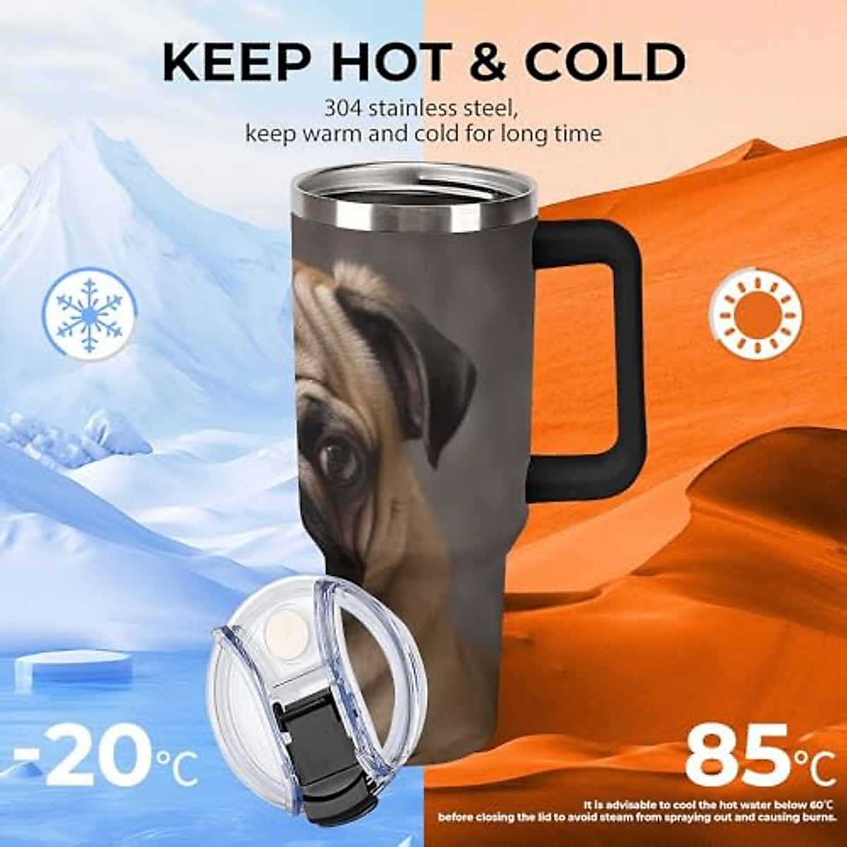 YTLKGFP 40 Oz Large Capacity Car Cup Animal Pug Dog Tumbler with Handle (Black) Straw Lid Insulated Stainless Steel Water Bottle Travel Mug Leak-proof Car Cup Keeps Cold Or Hot