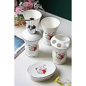 JruF Round Pink and White Set of 5 Bathroom Accessories Set-Pink Flowers Porcelain Pattern Modern Dressing Accessories Set Including Tumbler, Toothbrush Holder and Lotion Bottle, Soap Dish