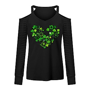 Saint Patricks Day Womens Cold Shoulder Long Sleeve Heart Green Clover Print Shirts Blouse Breathable Loose Tee Tops