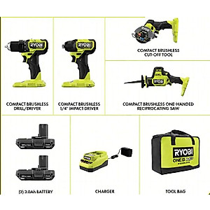 RYOBI ONE+ HP 18V Brushless Cordless Compact 4-Tool Combo Kit with (2) 2.0 Ah Batteries, Charger, and Bag