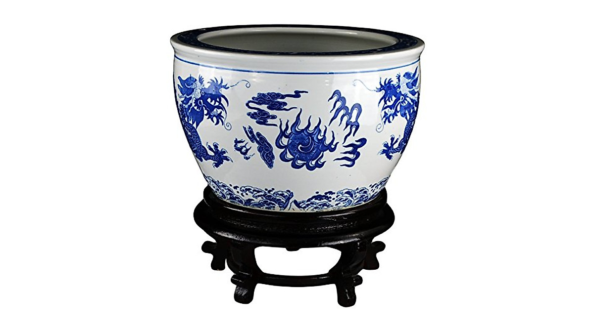 16" Chinese Blue & White Porcelain Fishbowl