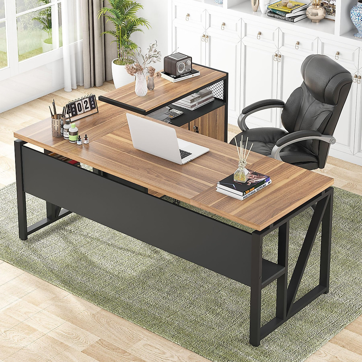 Tribesigns 63" L Shaped Desk with Drawer Cabinet, Executive Computer Desk and lateral File Cabinet, 2 Piece Home Office Furniture with Drawers for Hanging File, Doors with Locks (Brown, 63 inches)