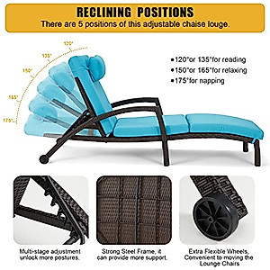 HOMREST Outside Chaise Lounge Chairs Set of 2, Adjustable 6 Position Outdoor PE Rattan Wicker Patio Pool Lounge Chair with Cushion, Arm, Pillow and Wheels for Poolside Backyard Deck Porch Garden