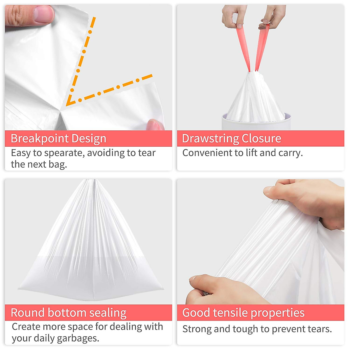 Small Trash Bags, KONE 192 Count 4 Gallon Drawstring Extra Thick Garbage Bags Wastebasket Bin Liners Plastic Trash Bags for Bathroom, Bedroom, Office, Car, Kitchen, Home