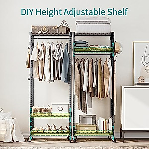 NATRKE Rolling Garment Rack 3 Tiers Heavy Duty, Adjustable Freestanding Clothing Rack With Wheels, Garment Rack with Storage Shelves 2 Pairs Side Hooks, Max Load 420 lbs, Black S1