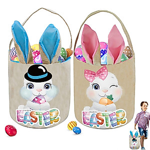 Easter Bunny Basket for Kids, 2 Pack Easter Baskets with Ears Stand Up, Personalized Bunny Burlap Bag Easter Basket Stuffers for Girls Boys Kids Easter Party Egg Hunts Gifts Mothers Day Gifts