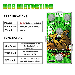 AZOR Distortion Guitar Pedal Rich Overtones Dog Distortion Analog Effect Pedal for Electric Guitar True Bypass AP507