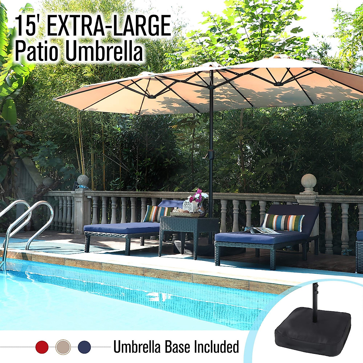 PHI VILLA 15ft Large Patio Umbrella with Base, Double-sided Outdoor Umbrella, Beige
