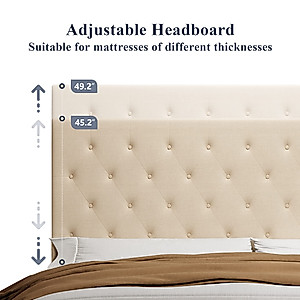 Allewie King Bed Frame with Adjustable Headboard/Diamond Stitched Button Tufted/Fabric Upholstered Platform Bed Frame/Wood Slat Support/No Box Spring Needed/Easy Assembly, Beige