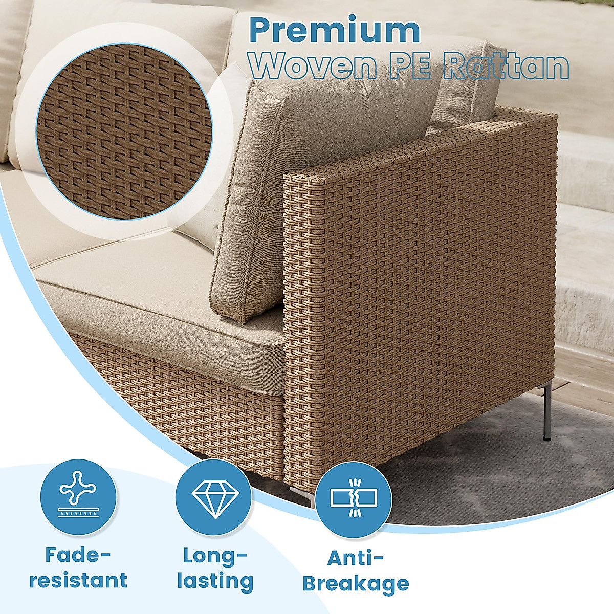 DIFY Outdoor Furniture Patio Set 7 Pieces Wicker Rattan Conversation Set with Thickened Cushions and Coffee Table, Sectional Sofa Set for Porch Deck Garden, Oak