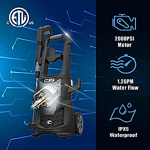 Electric Pressure Washer - 1700W High Pressure Power Wash Machine with Detergent Tank and Adjustable Nozzles for Home Use Cars/Garden/Patios/Driveways Cleaning (2000PSI)，CETL Listed
