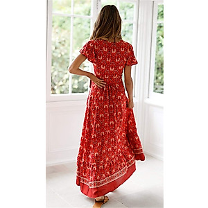 PRETTYGARDEN Women's Casual Long Summer Dresses Boho Floral Wrap V Neck Short Sleeve Split Maxi Beach Dress (Red -1,Medium)