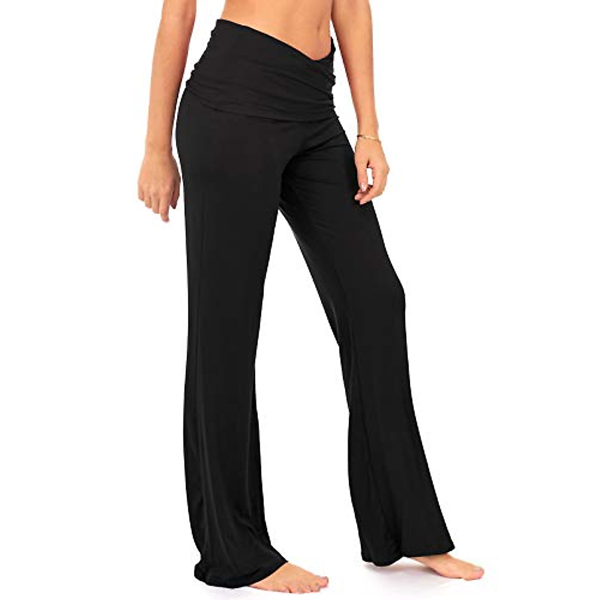 DEAR SPARKLE Fold Over Yoga Stretch Pants for Women | High Waist Bootleg Loungewear Pant + Plus Size (P8) (Black, Small)