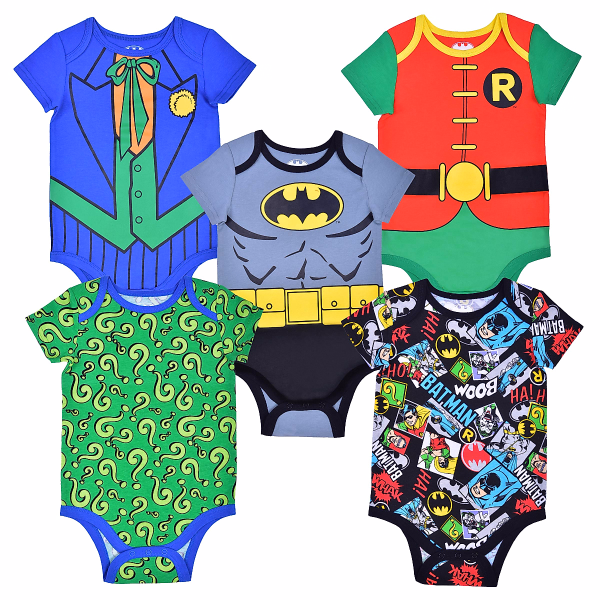 WARNER BROS Boy's 5-Pack Batman, Robin, Joker and Riddler Character Creepers, 9 Months