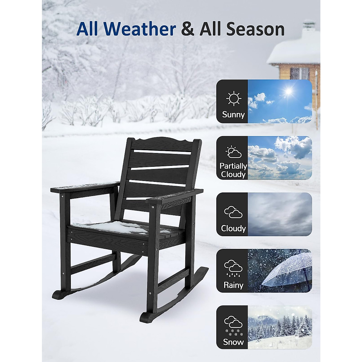 Weatherproof Patio Rocking Chair, HIPS Outdoor Rocking Chair for Adults, 400LBS Support Heavy Duty Porch Rocking Chairs for Garden, Lawn, Backyard, Outdoor and Indoor (Black)